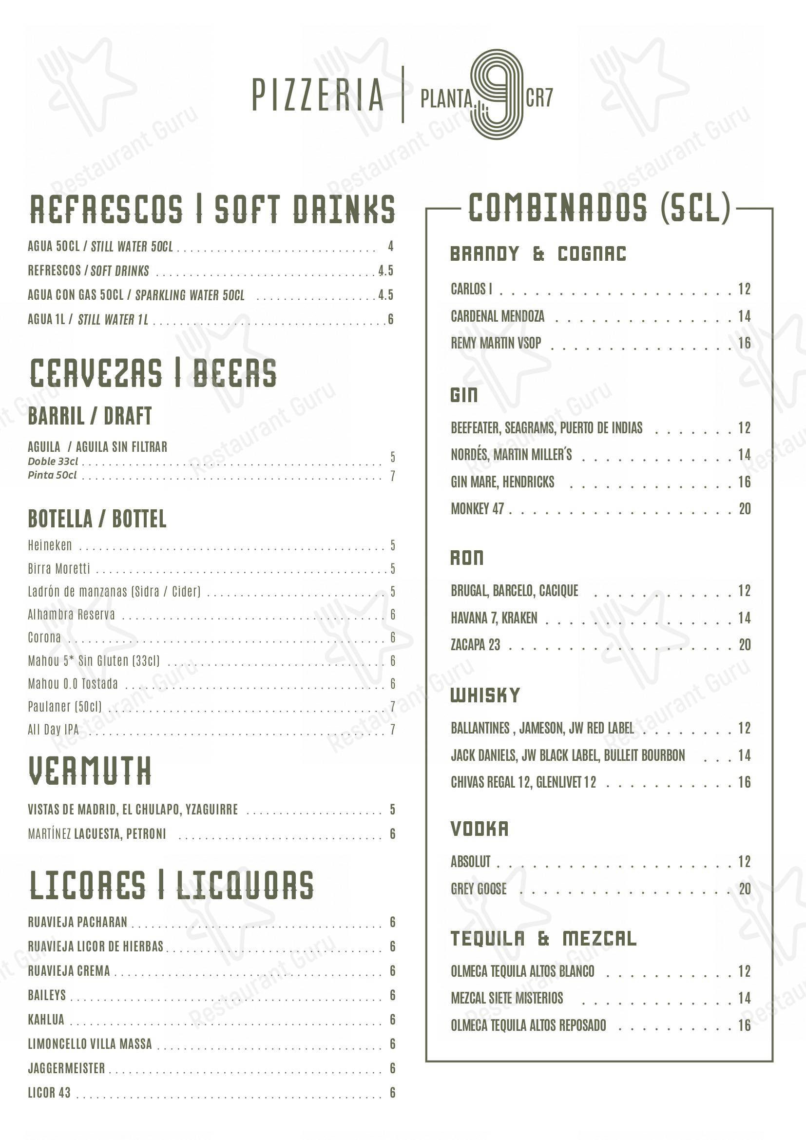 Carta del restaurante Planta 9 Cr7, Madrid
