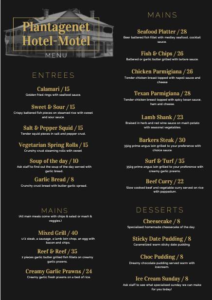 Menu at Plantagenet Hotel restaurant, Mount Barker