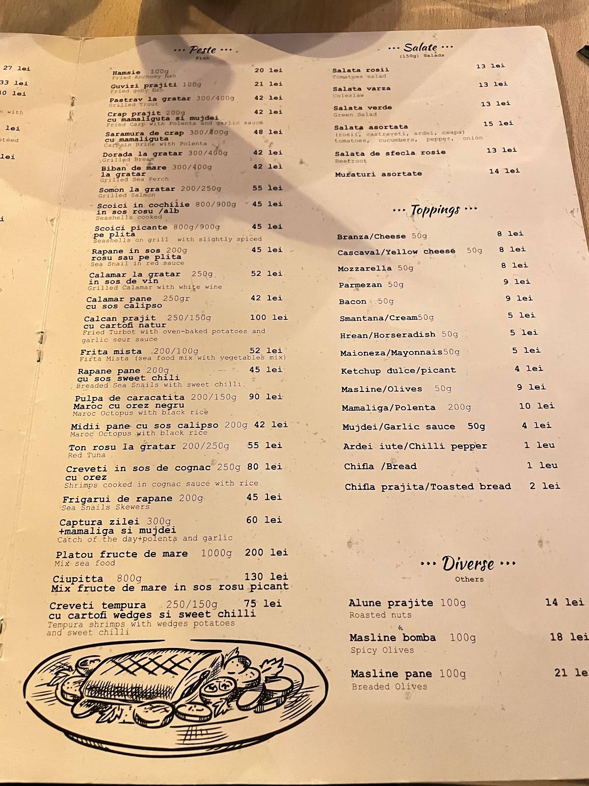 Menu at Playa Papaya, Mamaia-Sat