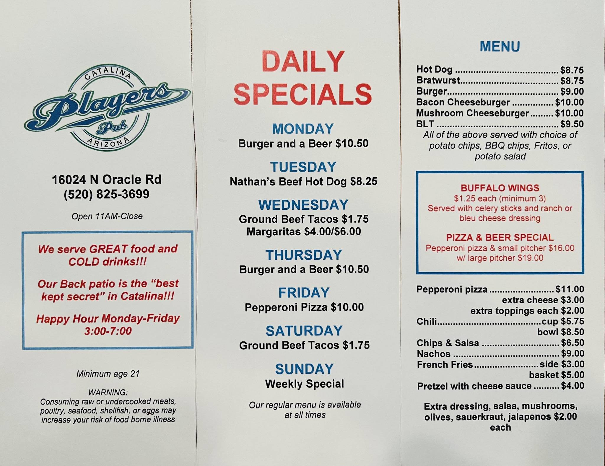 Menu at Players Pub, Catalina