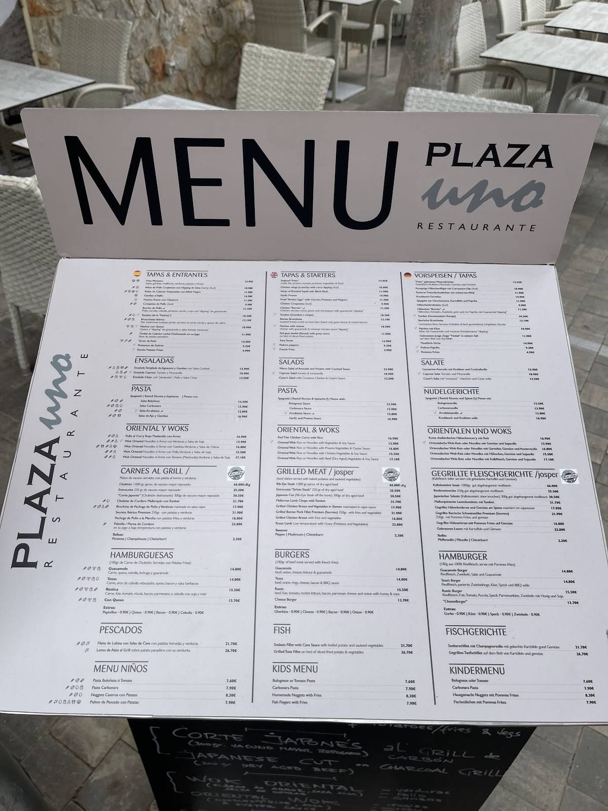 Menu at Plaza Uno restaurant, Port de Pollença