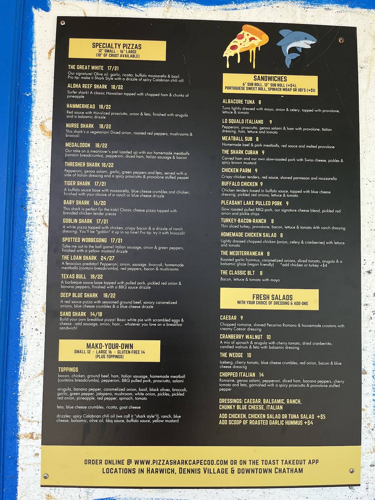 Menu at Pleasant Lake Pizza Shark pizzeria, Harwich