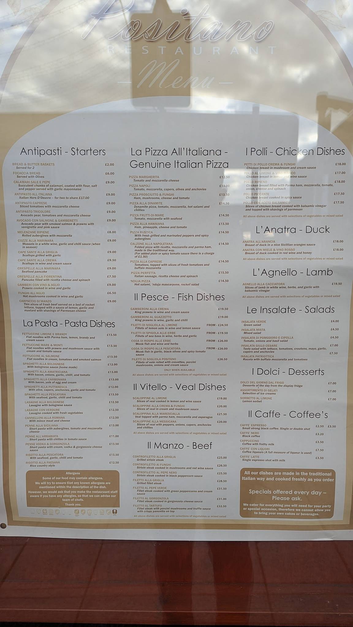 Menu at Positano restaurant, Plymouth