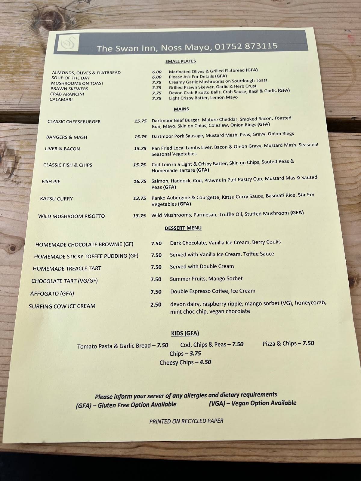Menu at The Swan Inn pub & bar, Noss Mayo