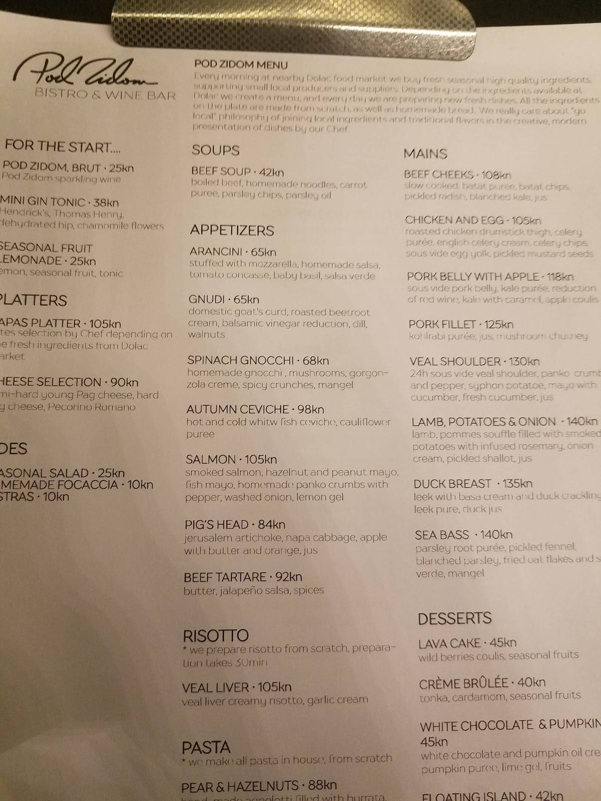 Menu at Pod Zidom Bistro cafe, Zagreb