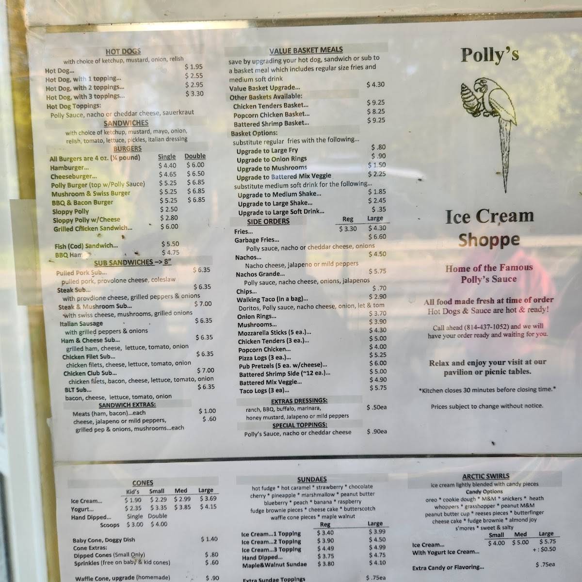 Menu at Polly's Ice Cream cafe, Franklin