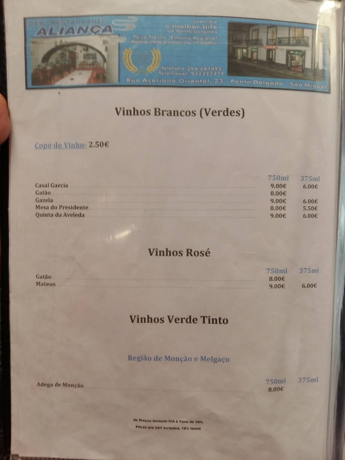 Menu em Bar-Restaurante Aliança, Ponta Delgada
