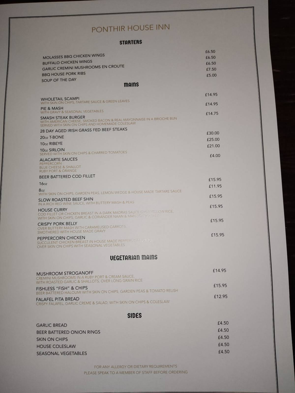 Menu at Ponthir House Inn pub & bar, Newport, Ponthir