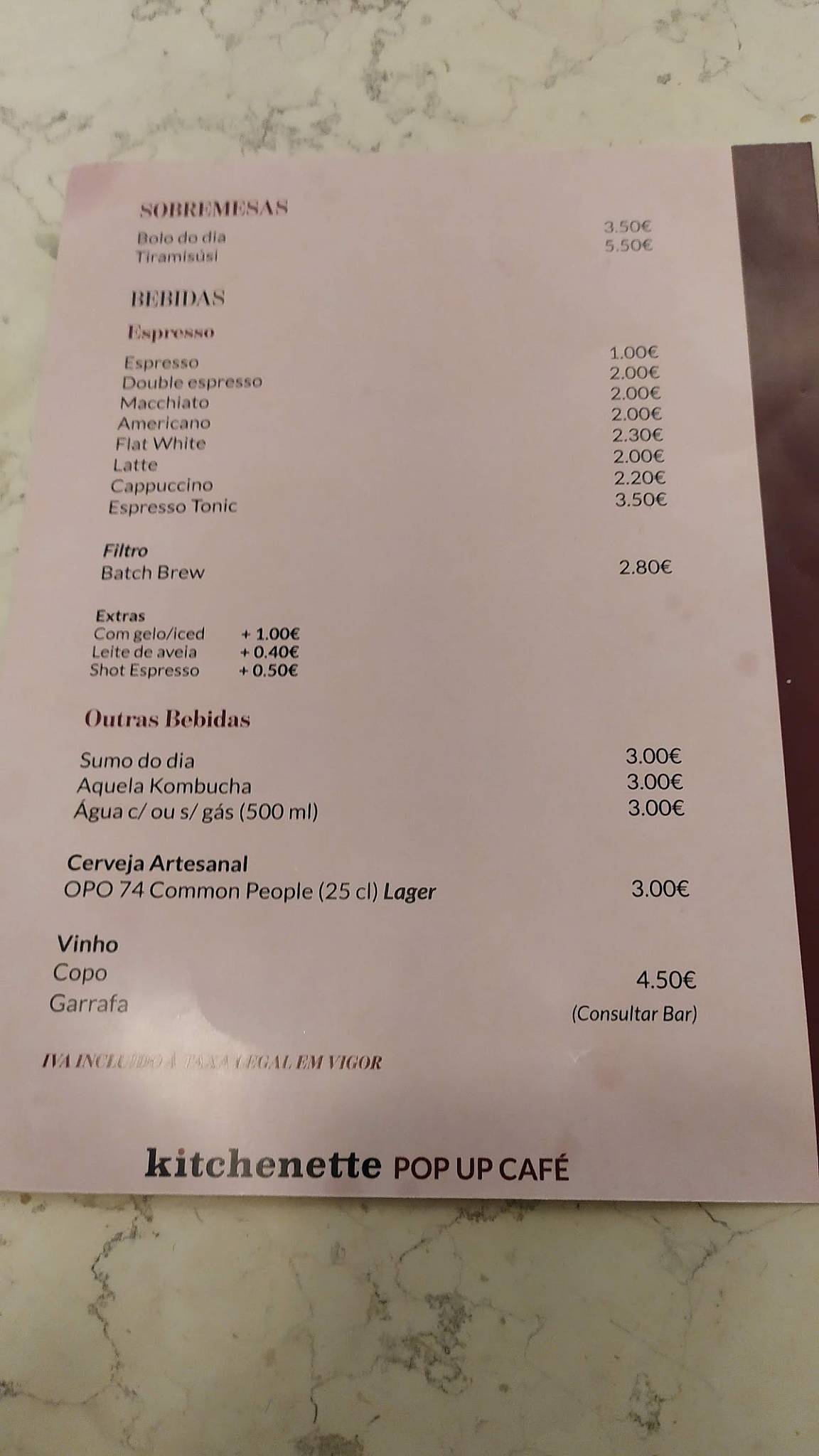 Menu em Pop Up Café, Lisboa