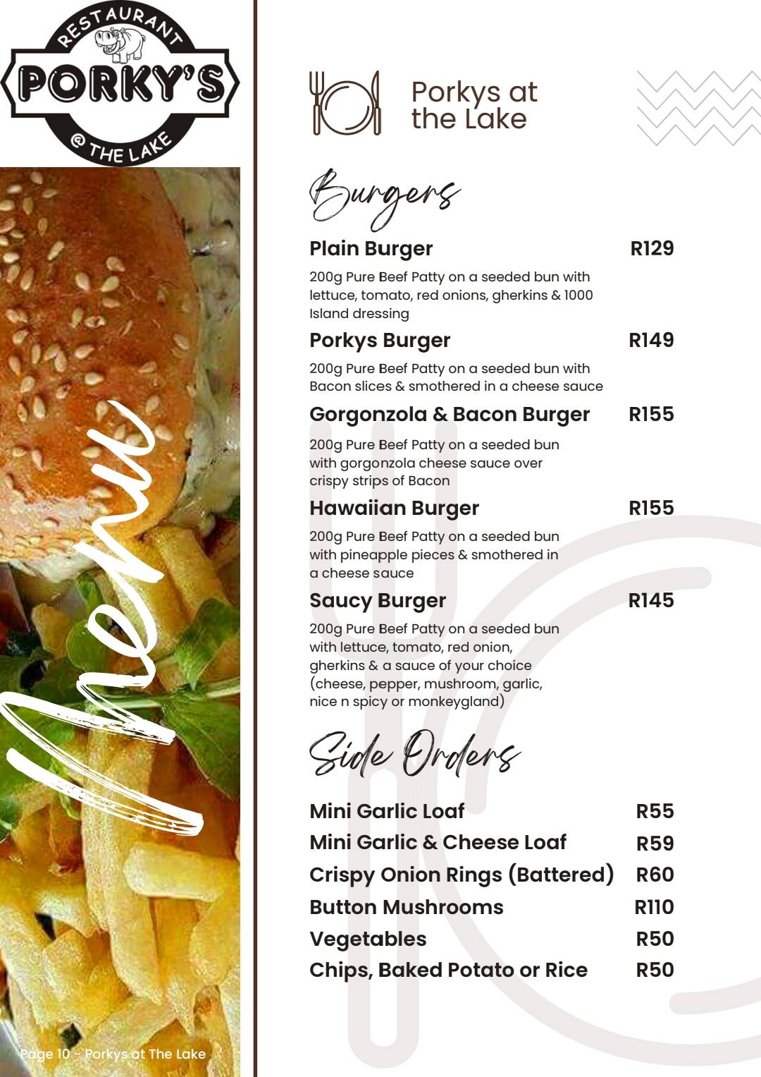 Menu at Porkys at The Lake restaurant, Richards Bay