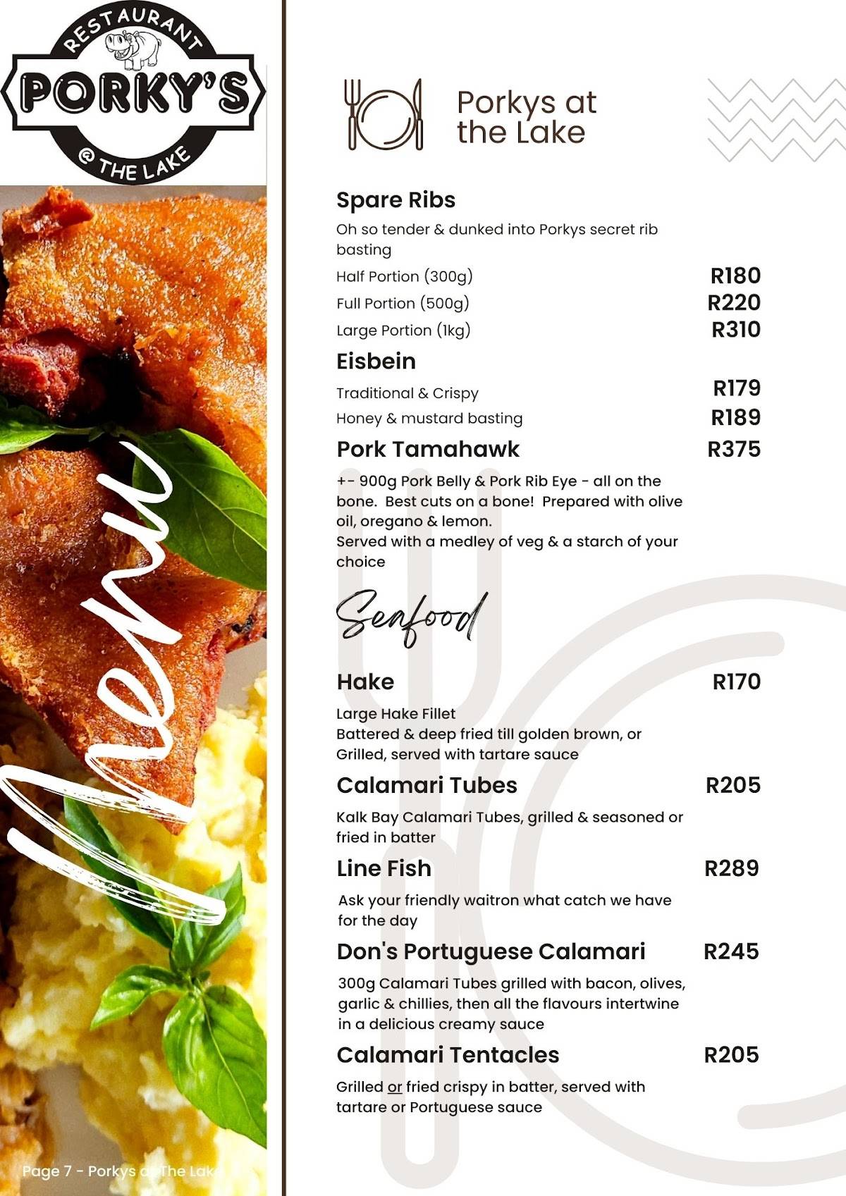 Menu at Porkys at The Lake restaurant, Richards Bay