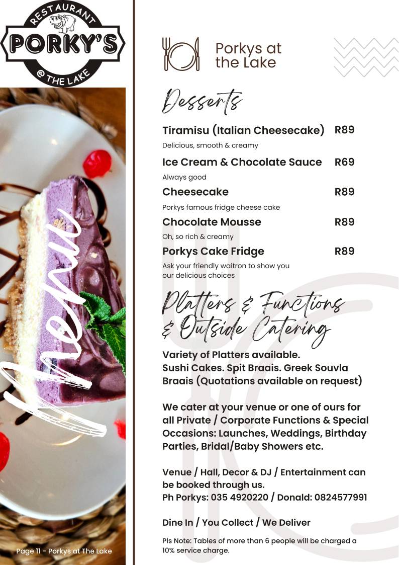 Menu at Porkys at The Lake restaurant, Richards Bay