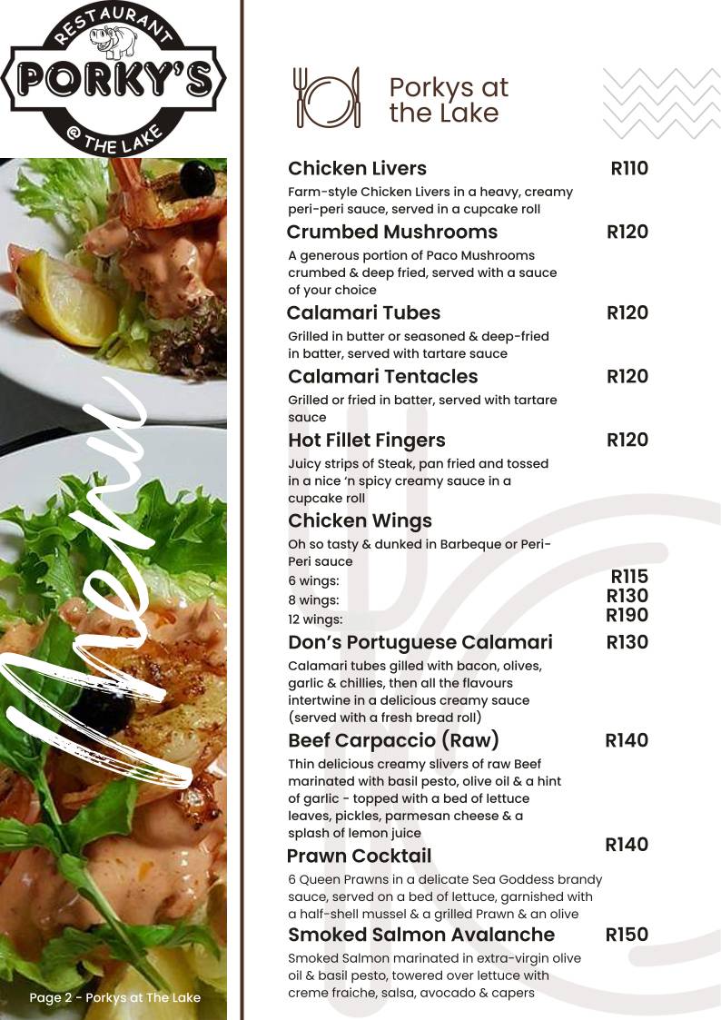 Menu at Porkys at The Lake restaurant, Richards Bay