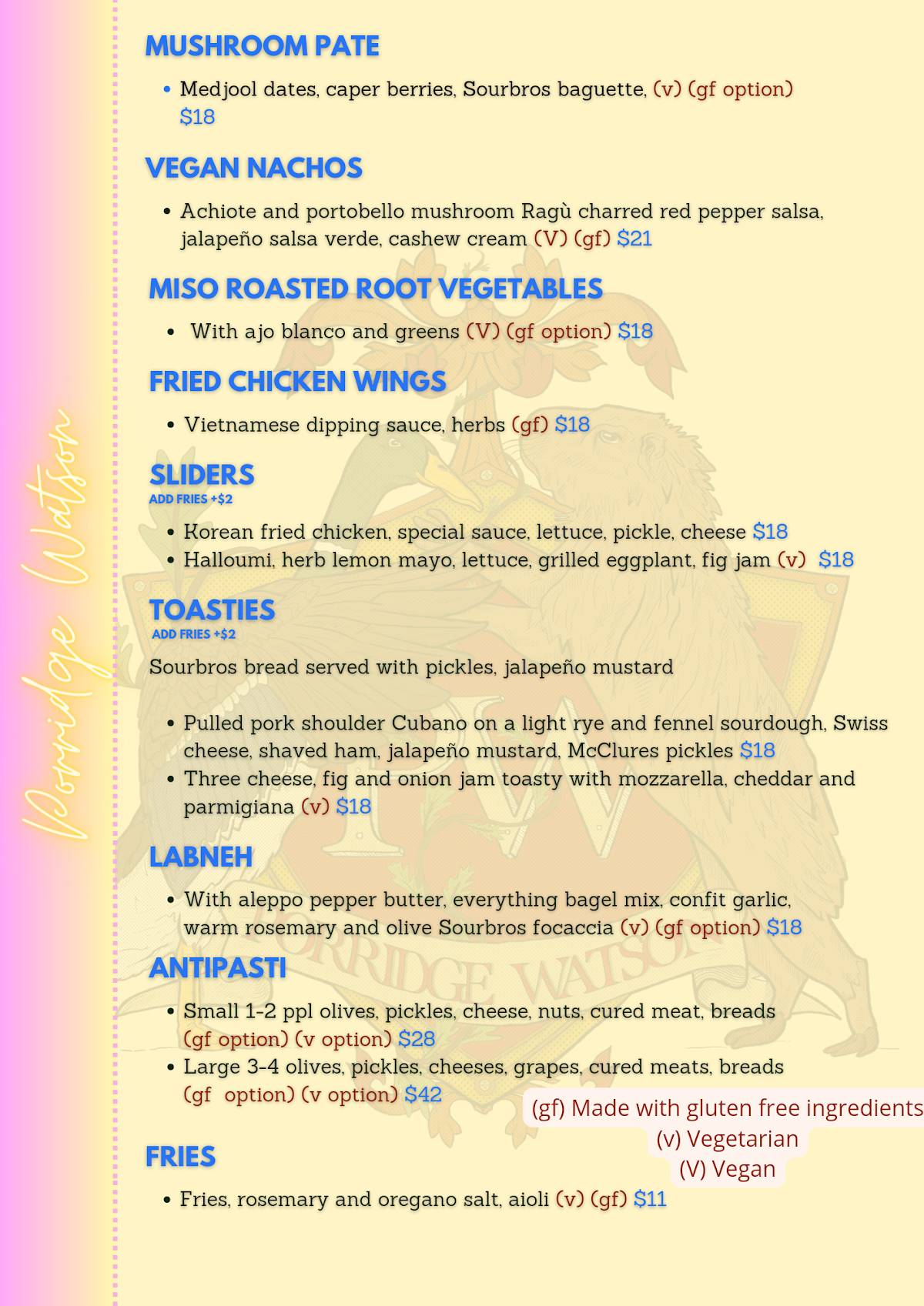 Menu at Porridge Watson pub & bar, Whanganui