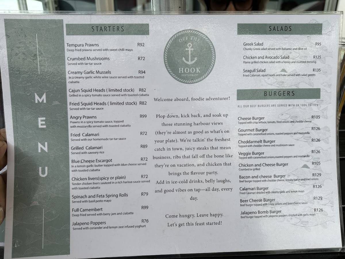 Menu at Off the Hook restaurant, Port Elizabeth