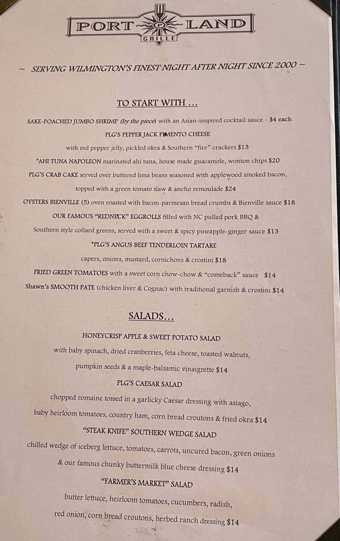 Menu at Port Land Grille restaurant, Wilmington, Eastwood Rd