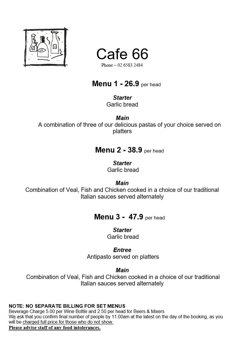 Menu at Cafe 66, Port Macquarie, 1/66 Clarence St