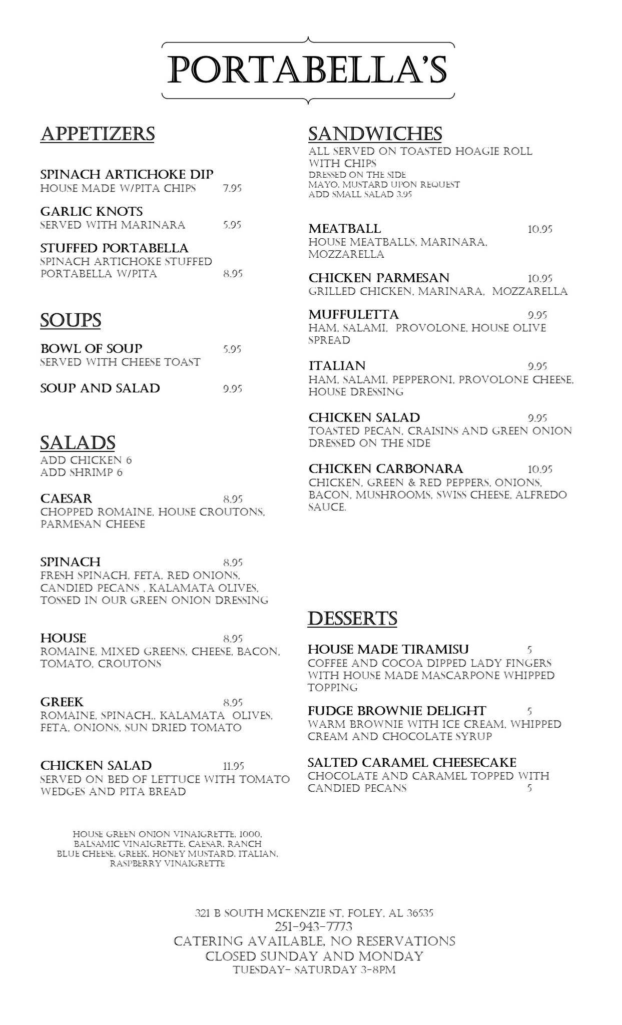 Menu at Portabella's pizzeria, Foley