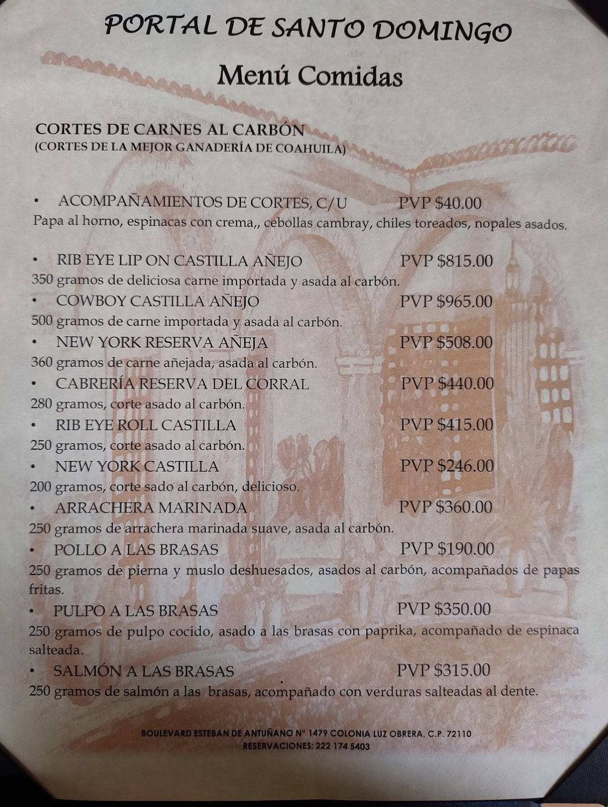 Menu at Portal de Santo Domingo restaurant, Puebla City