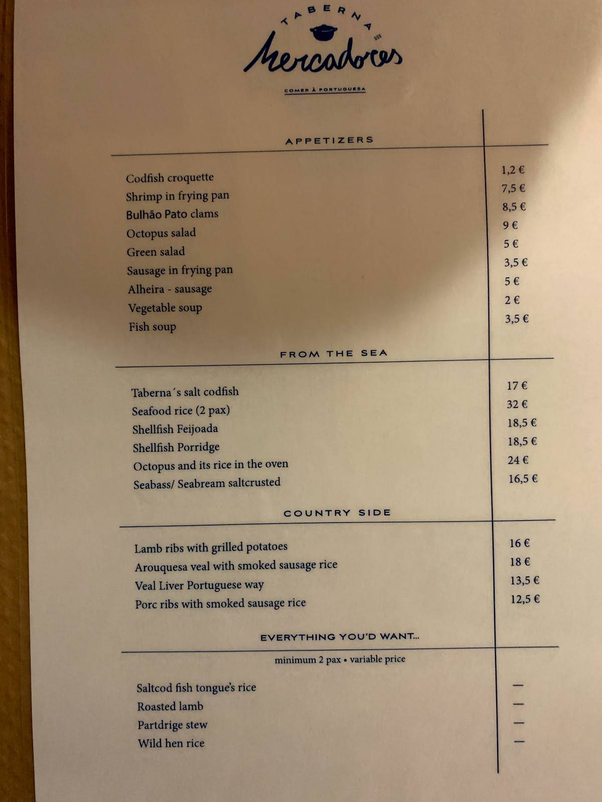Menu at Taberna Dos Mercadores restaurant, Porto