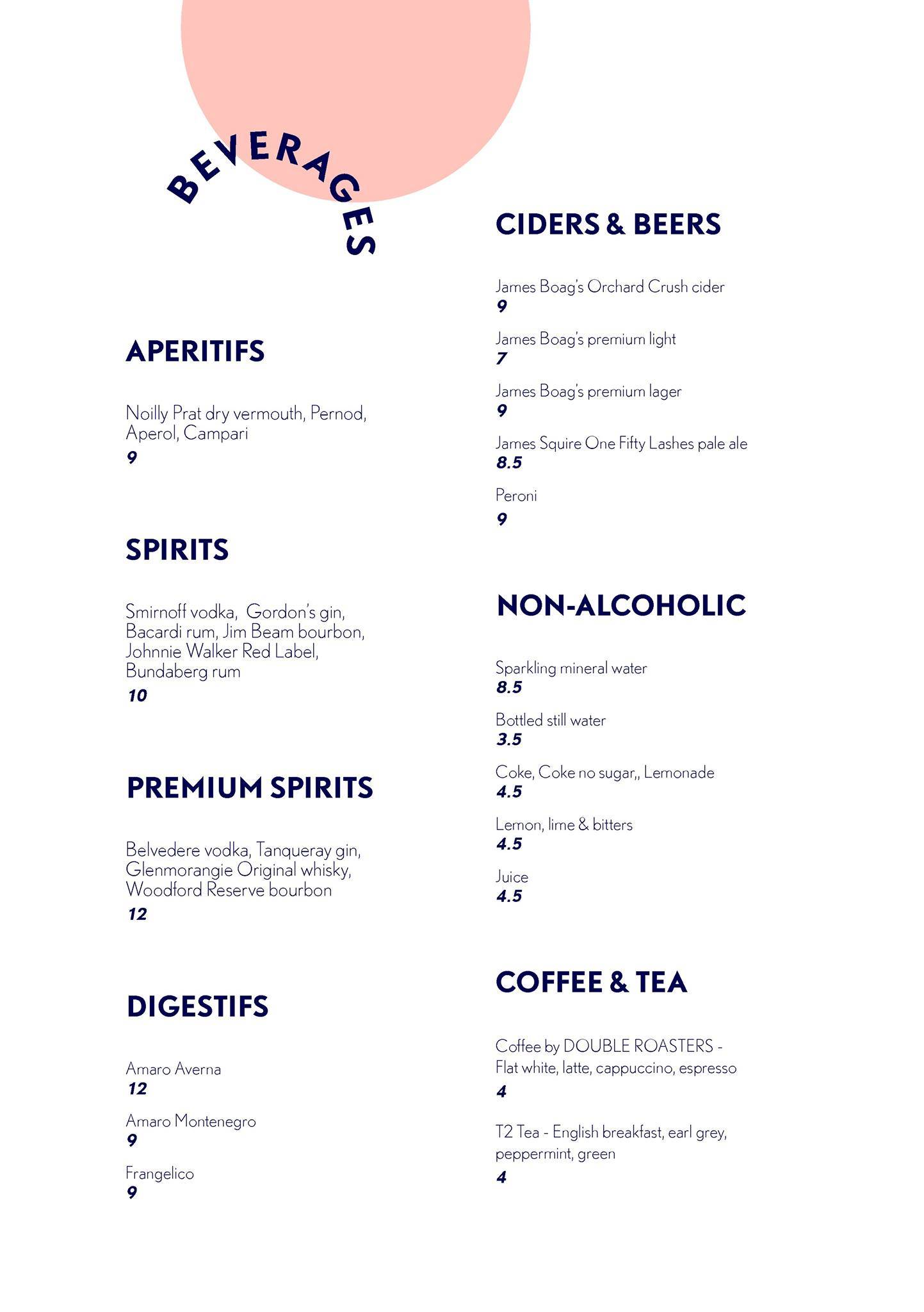 Carta del pub y bar Portside Sydney Opera House, Sydney
