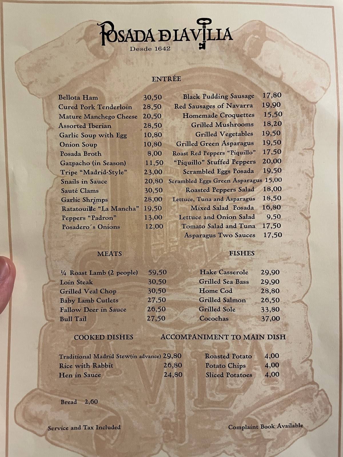 Menu at Posada de la Villa steakhouse, Madrid