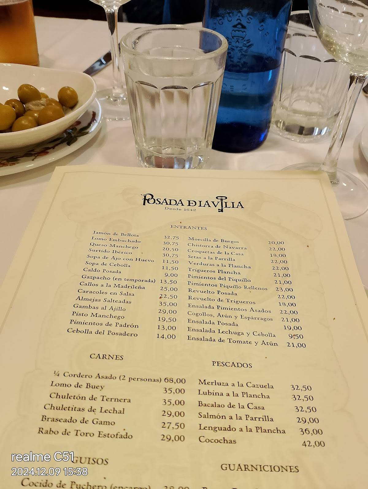 Menu at Posada de la Villa steakhouse, Madrid