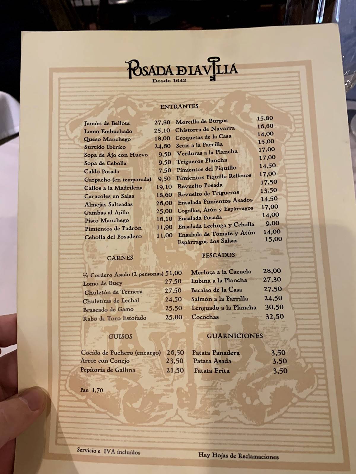 Menu at Posada de la Villa steakhouse, Madrid