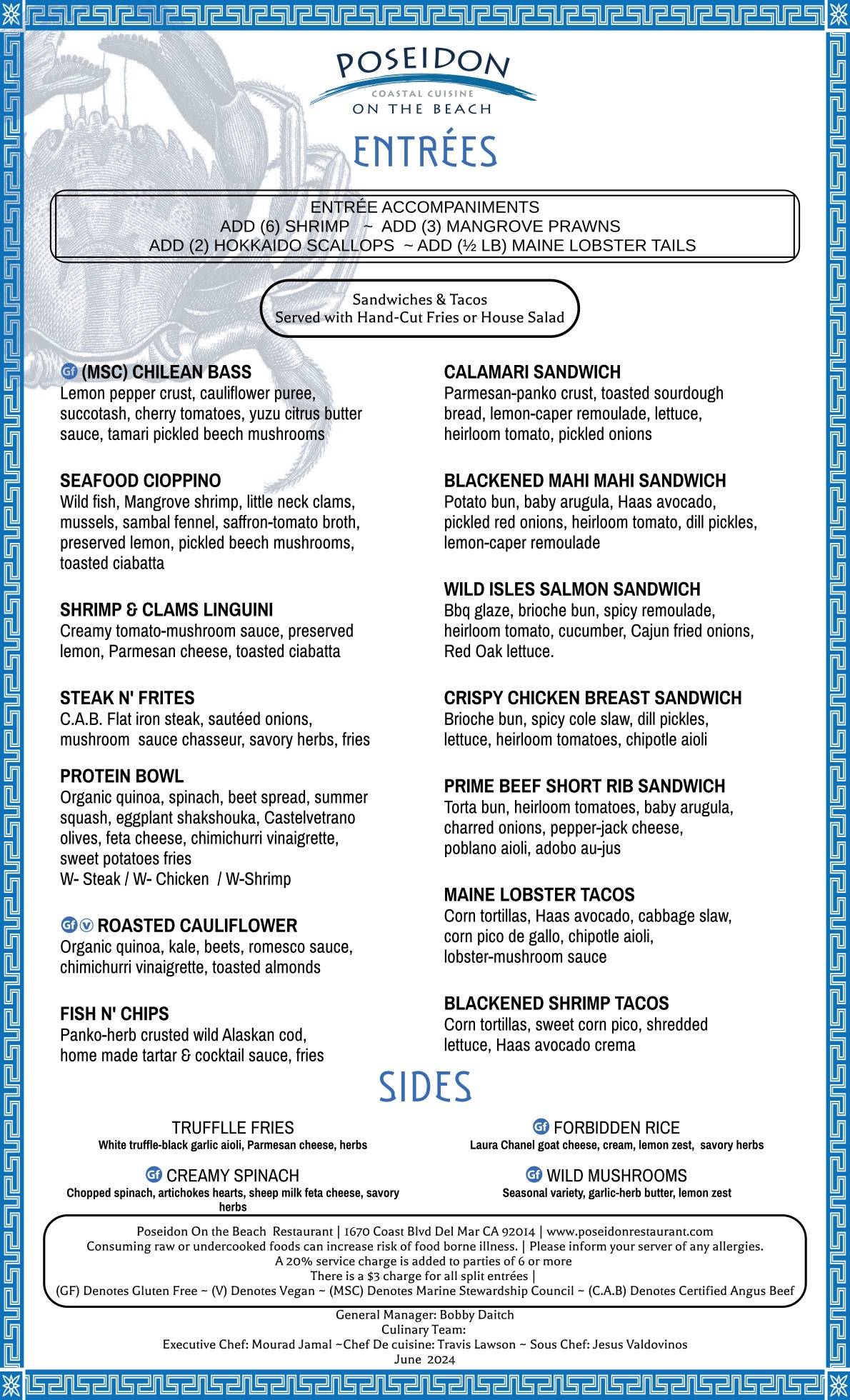 Menu at Poseidon Restaurant Del Mar, Del Mar