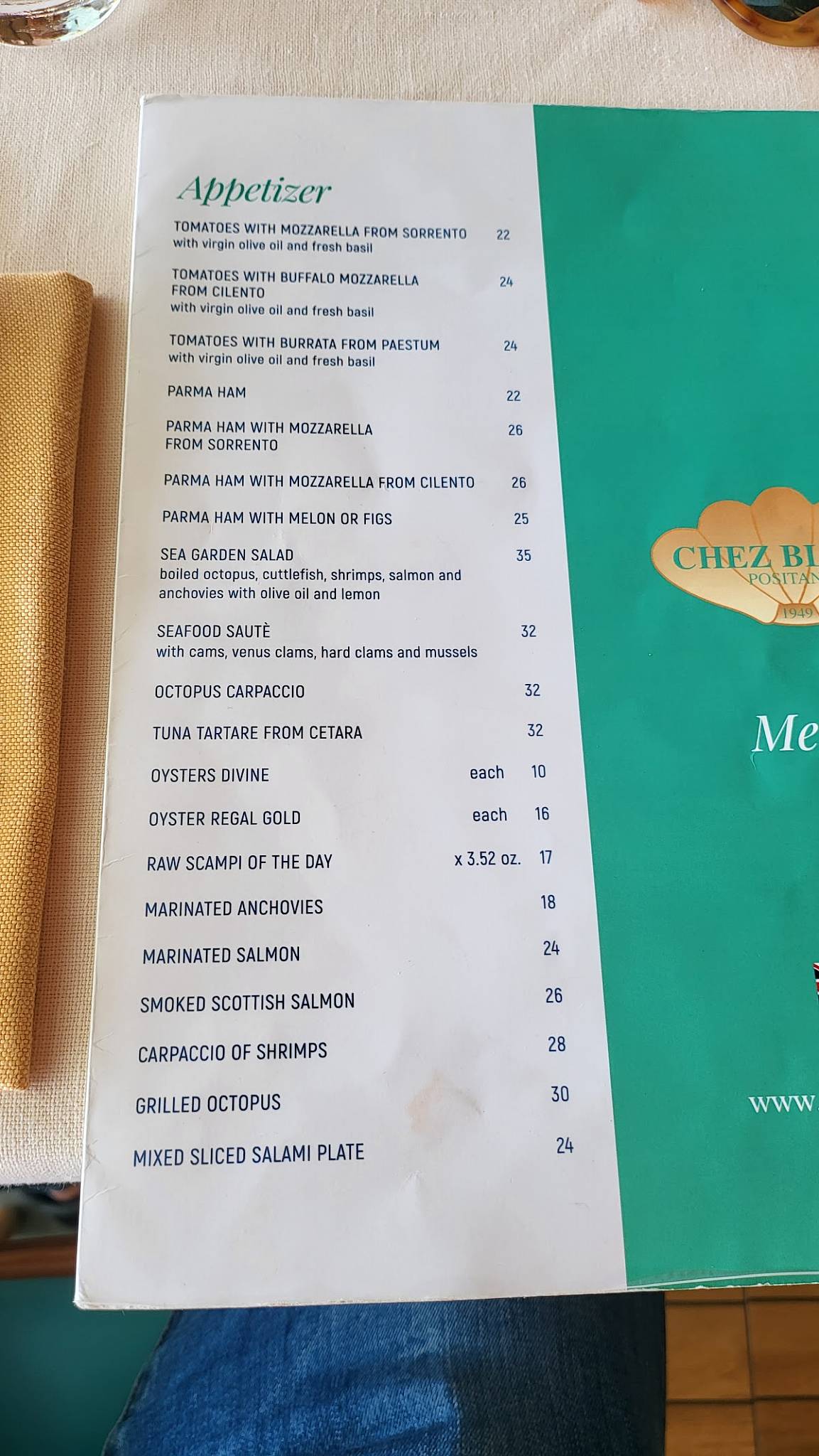 Menu at Chez Black restaurant, Positano