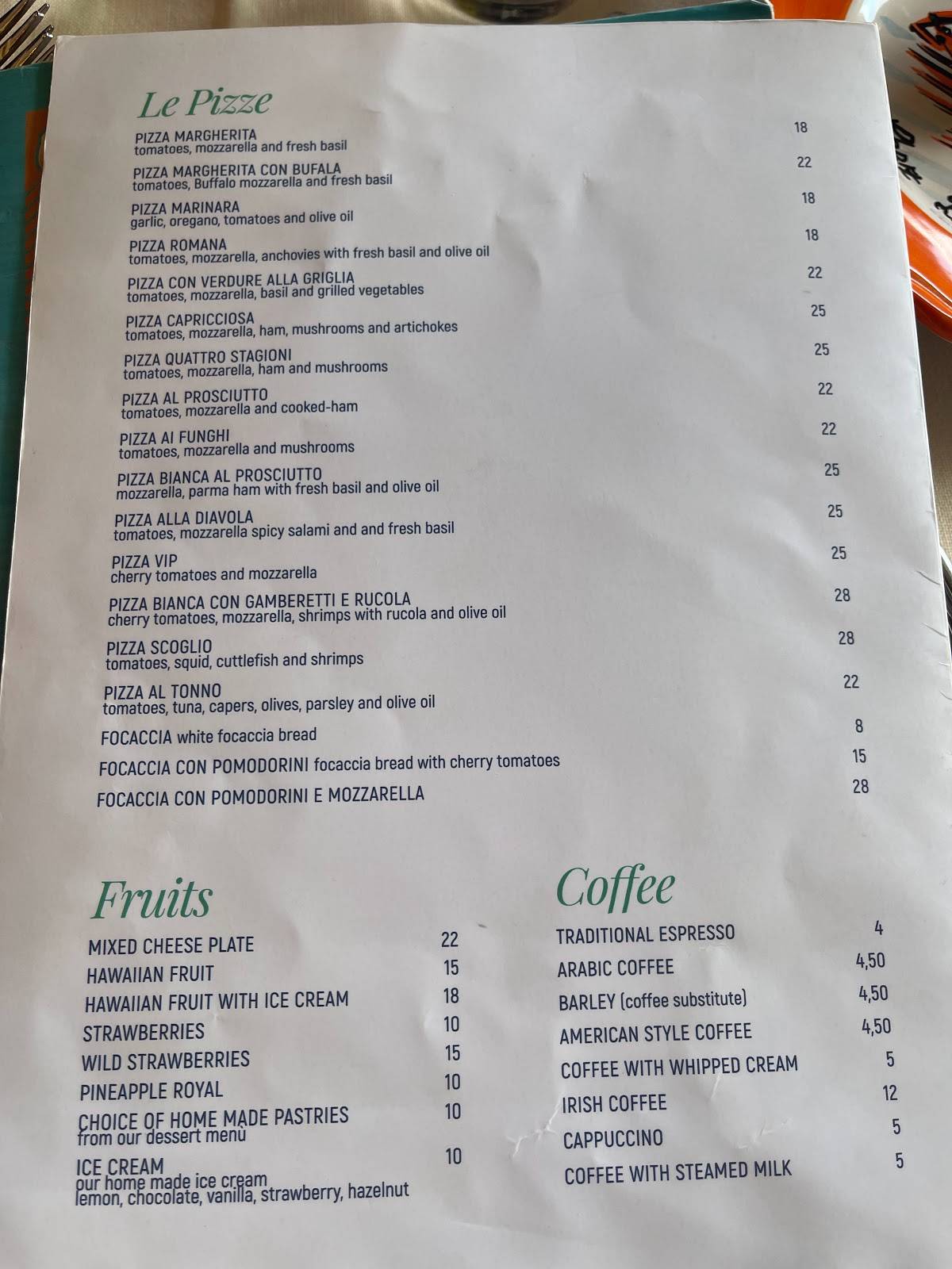 Menu at Chez Black restaurant, Positano