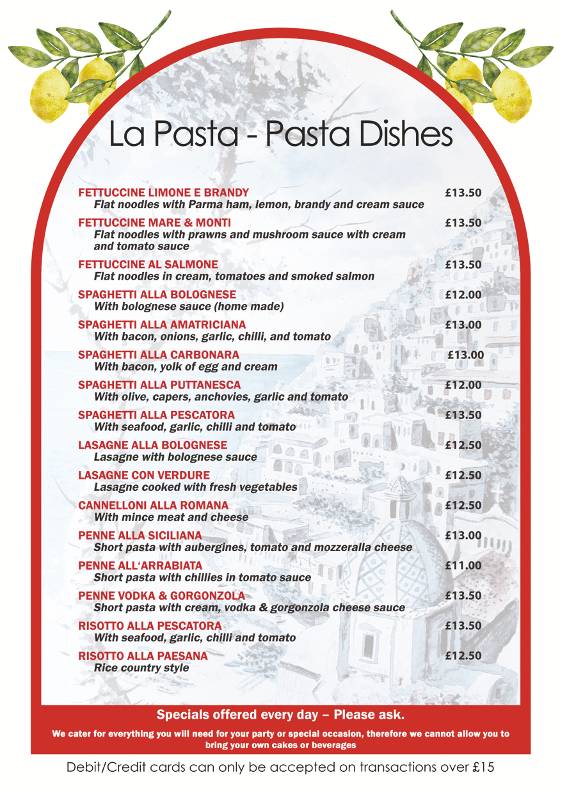 Menu at Positano restaurant, Plymouth