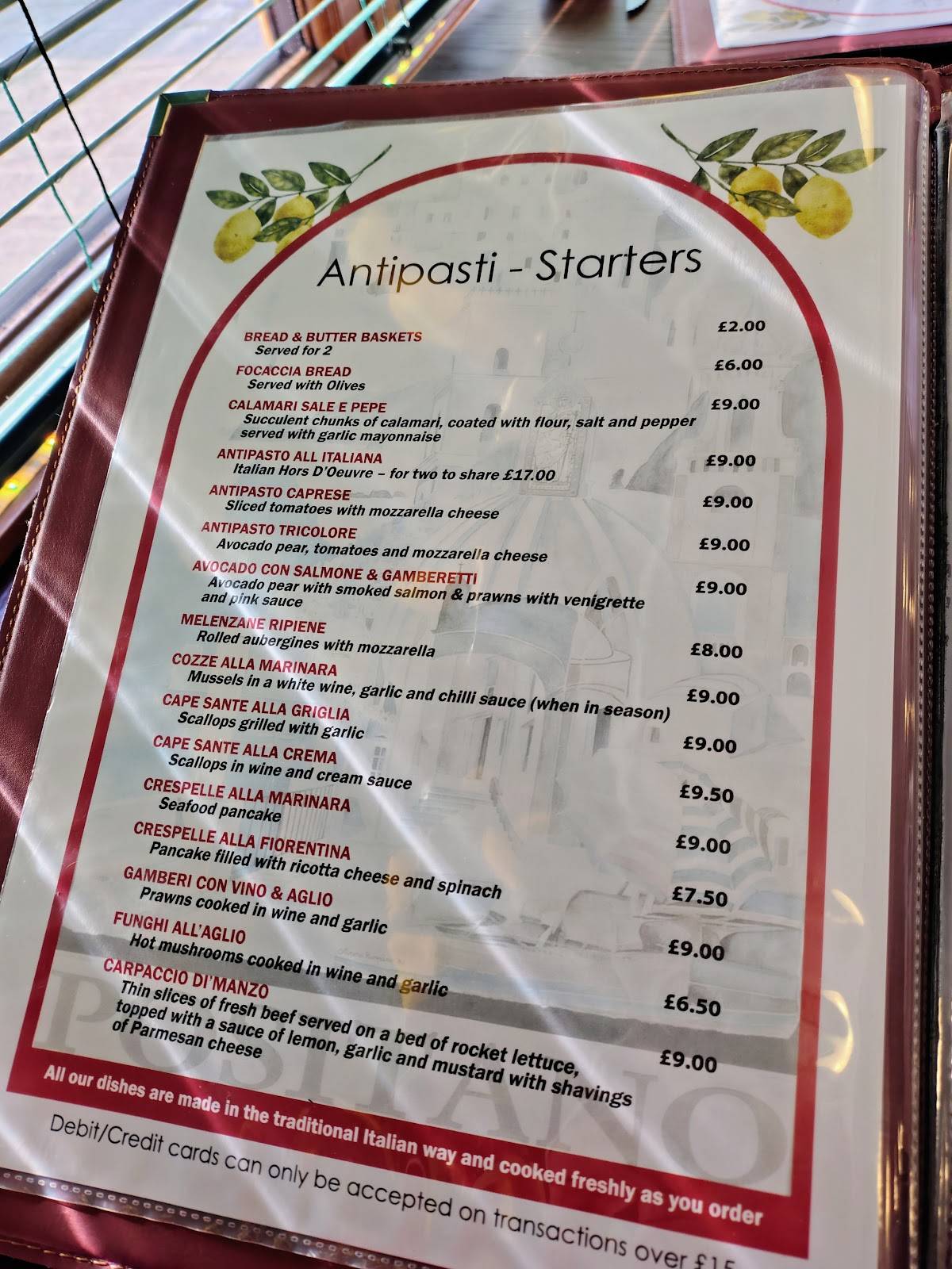 Menu at Positano restaurant, Plymouth