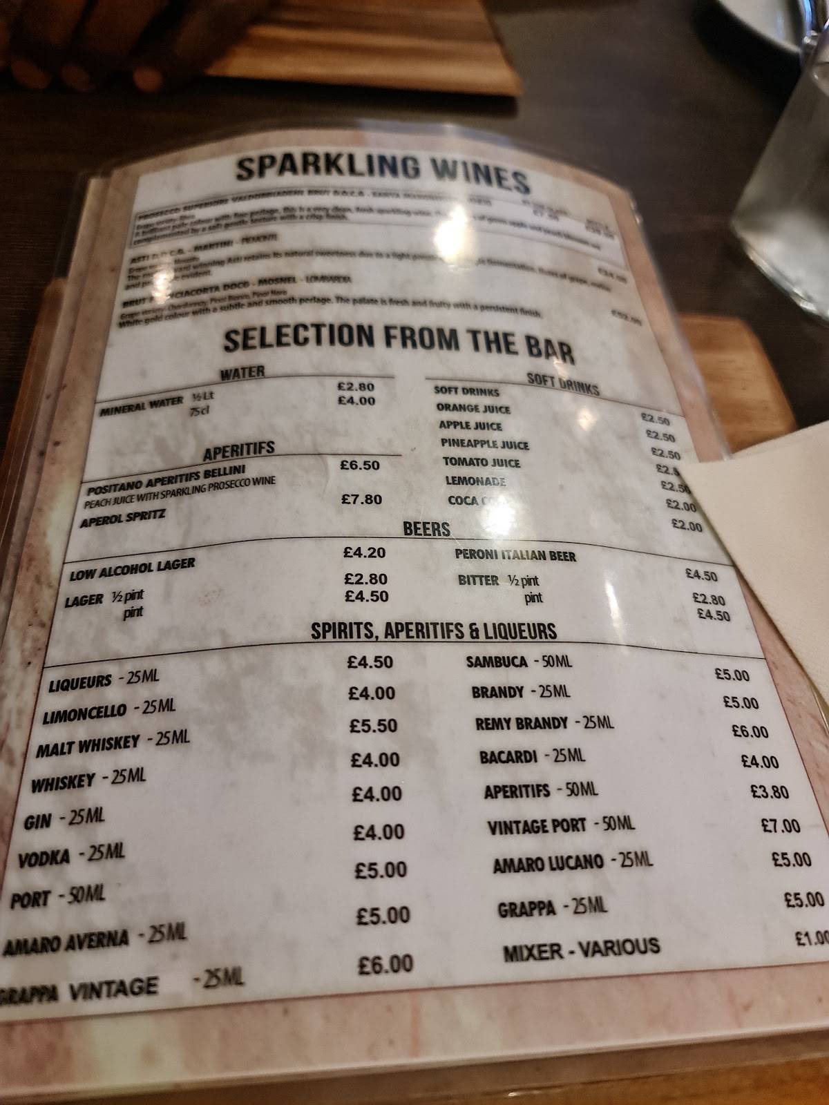 Menu at Positano restaurant, Plymouth