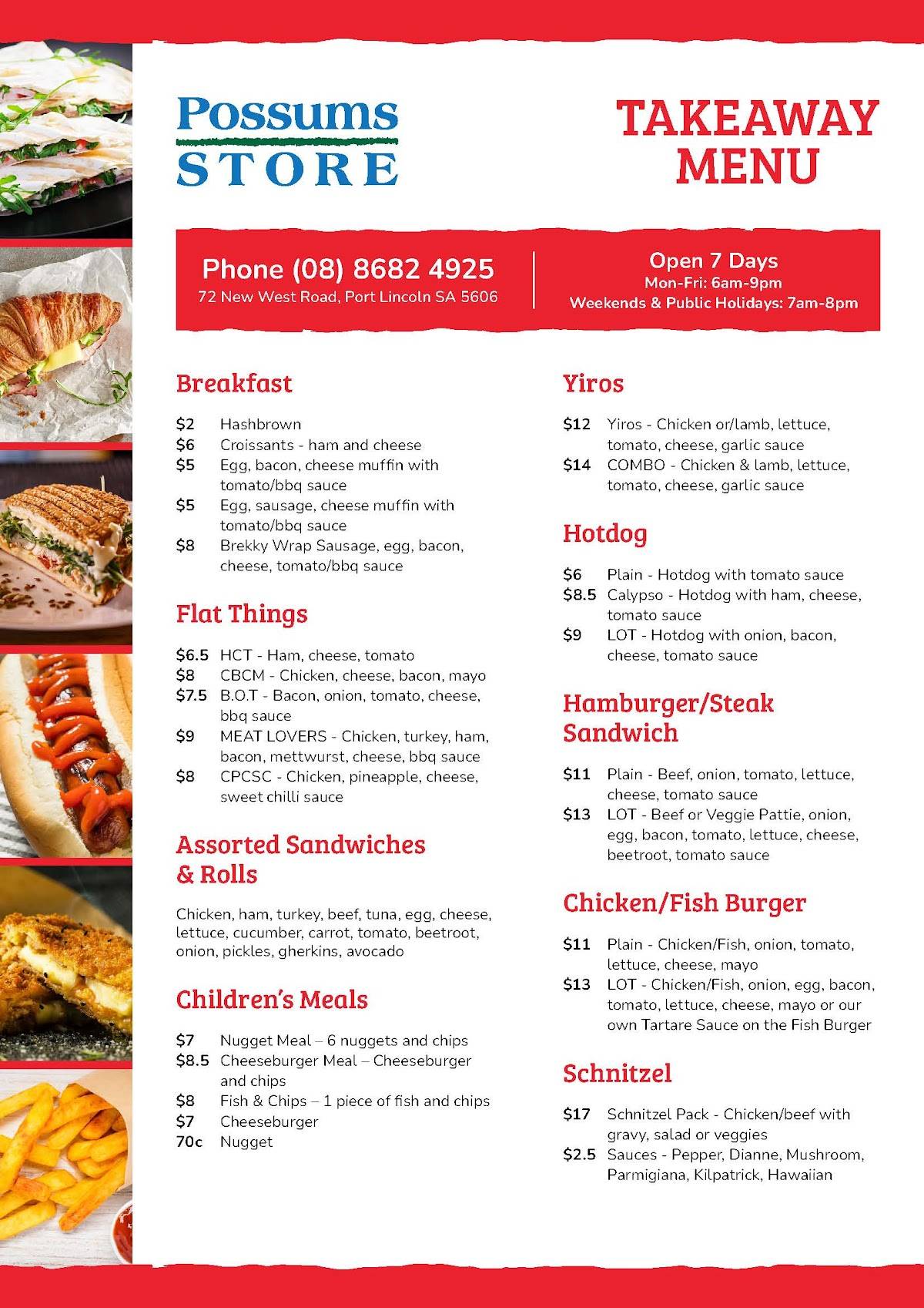 Menu at Possums Store restaurant, Port Lincoln