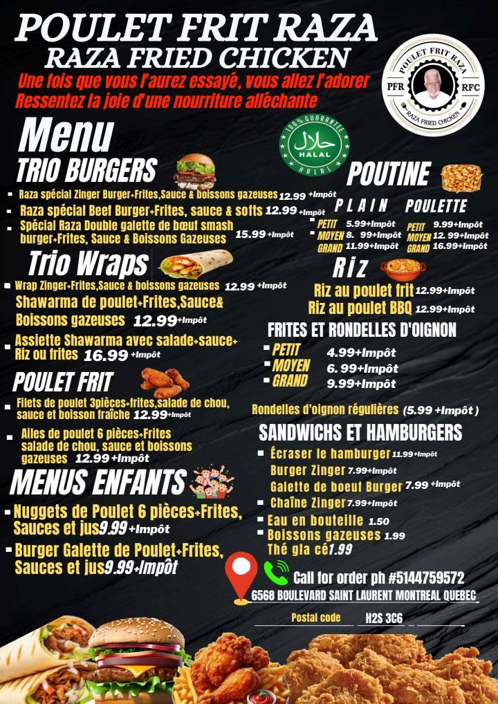 Menu au Poulet Frit Raza restaurant, Montréal