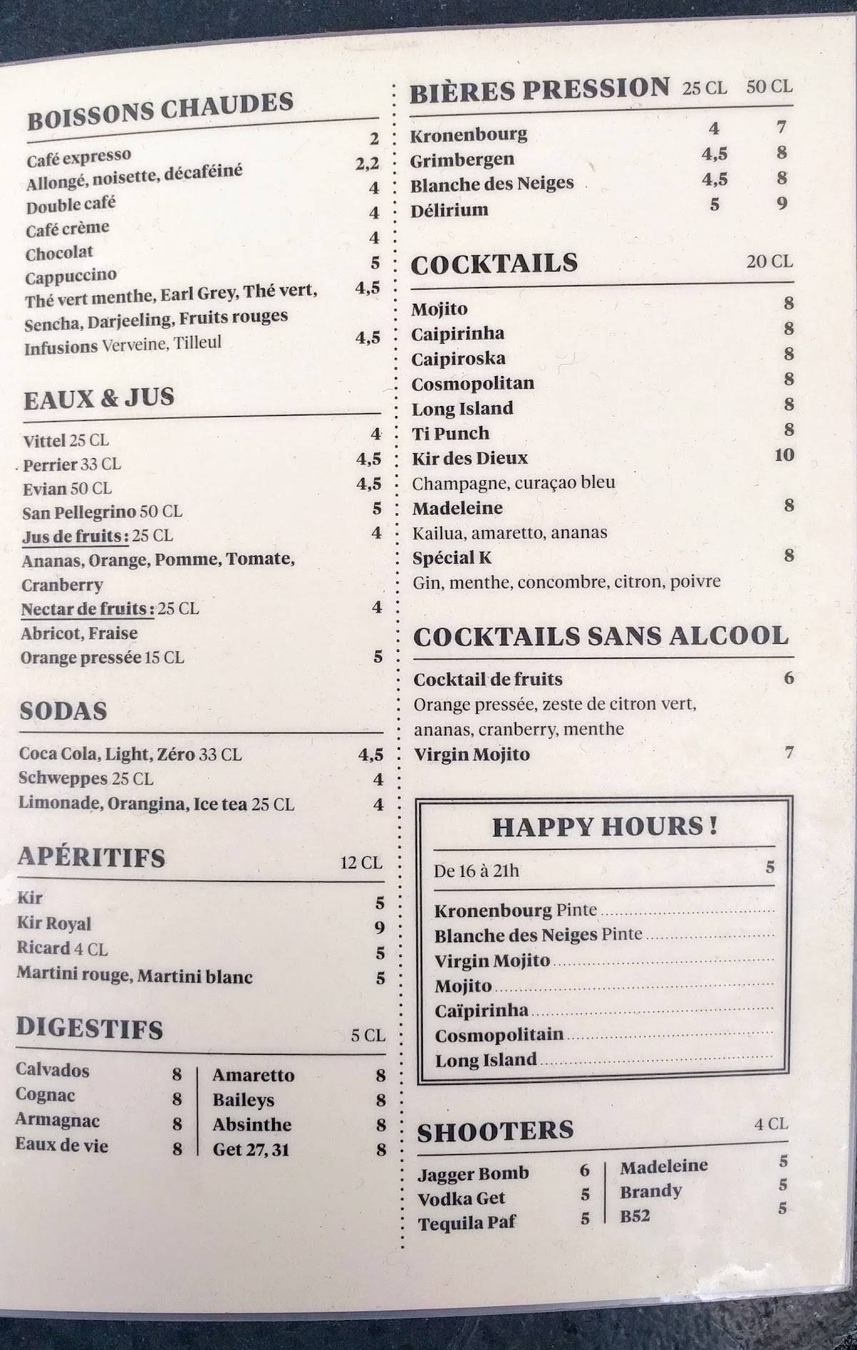 Menu at Poulette restaurant, Paris, 3 Rue Étienne Marcel