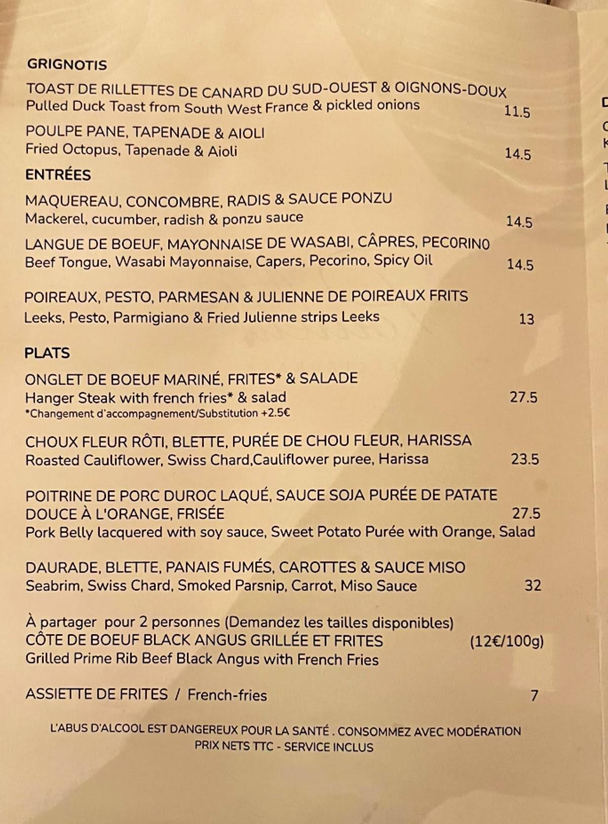 Menu at Poulette restaurant, Paris, 3 Rue Étienne Marcel