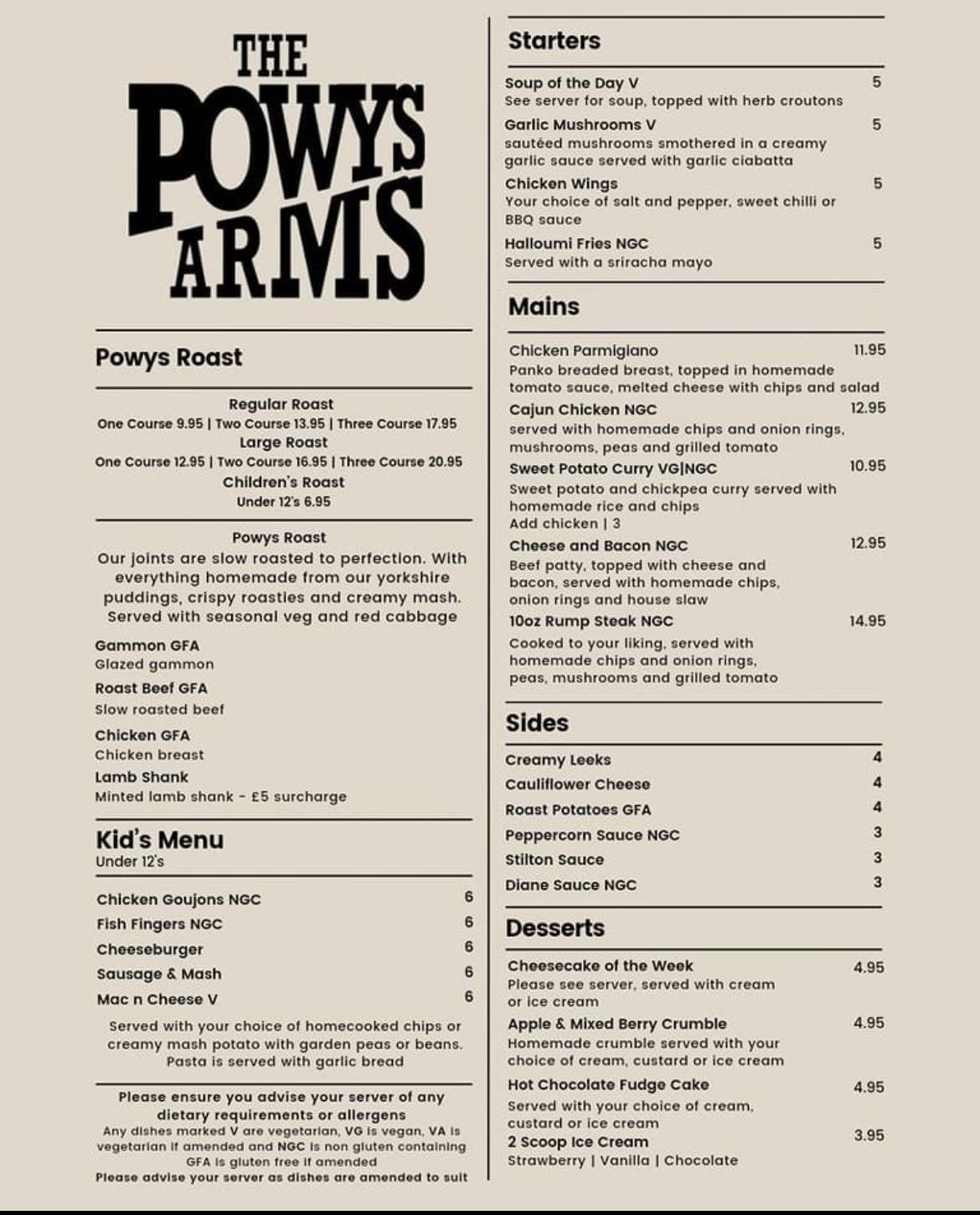 Menu at Powys Arms pub & bar, Stoke-on-Trent