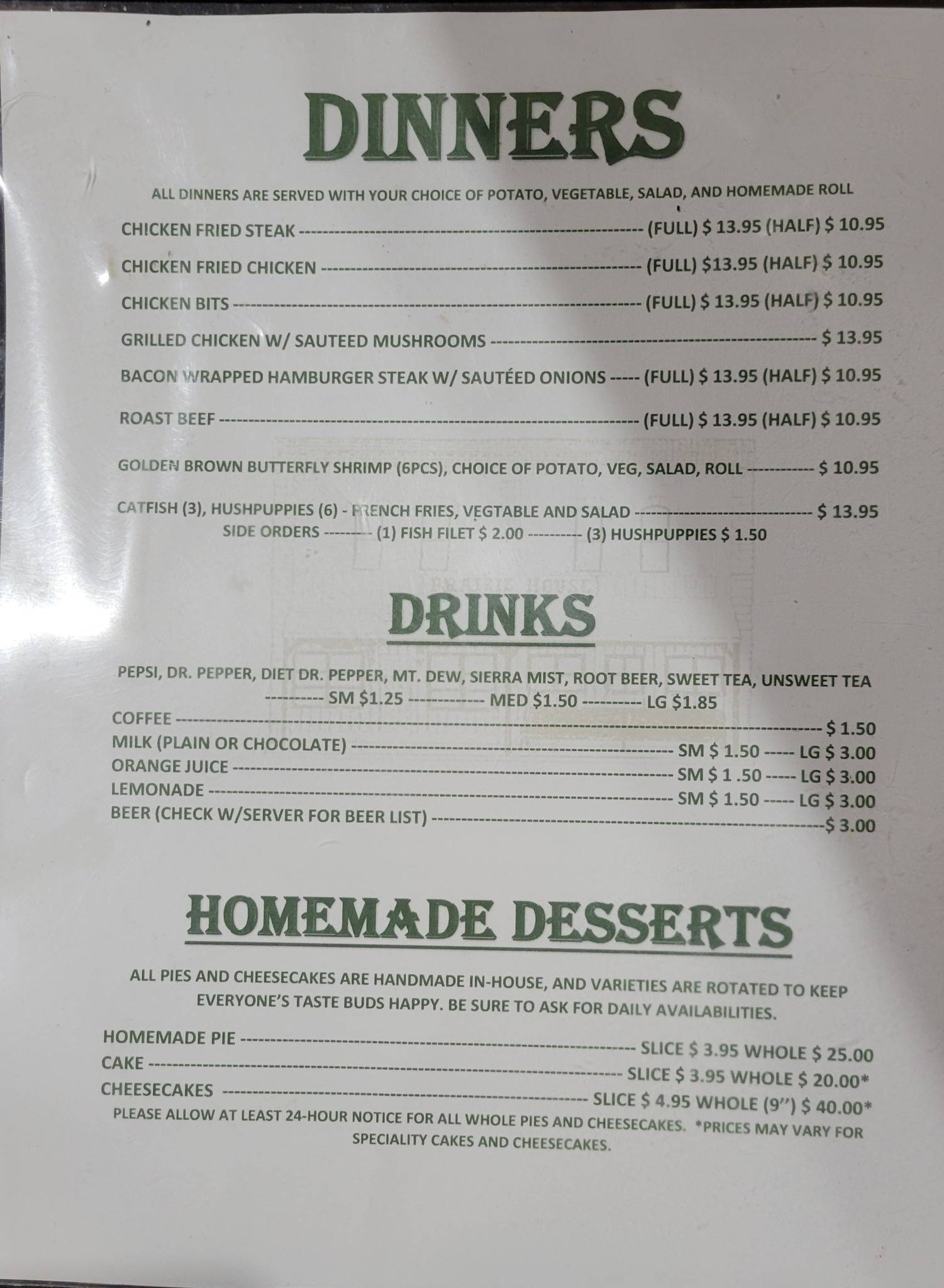 Menu at Prairie House Cafe, Leon