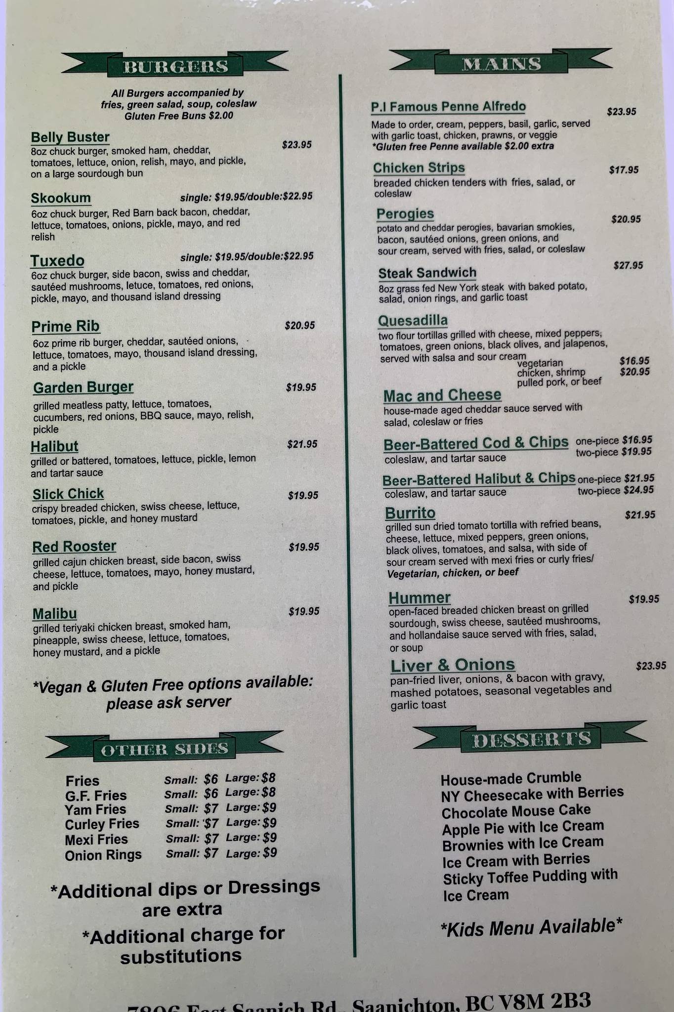 Menu at Prairie Inn Neighbourhood Pub, Saanichton