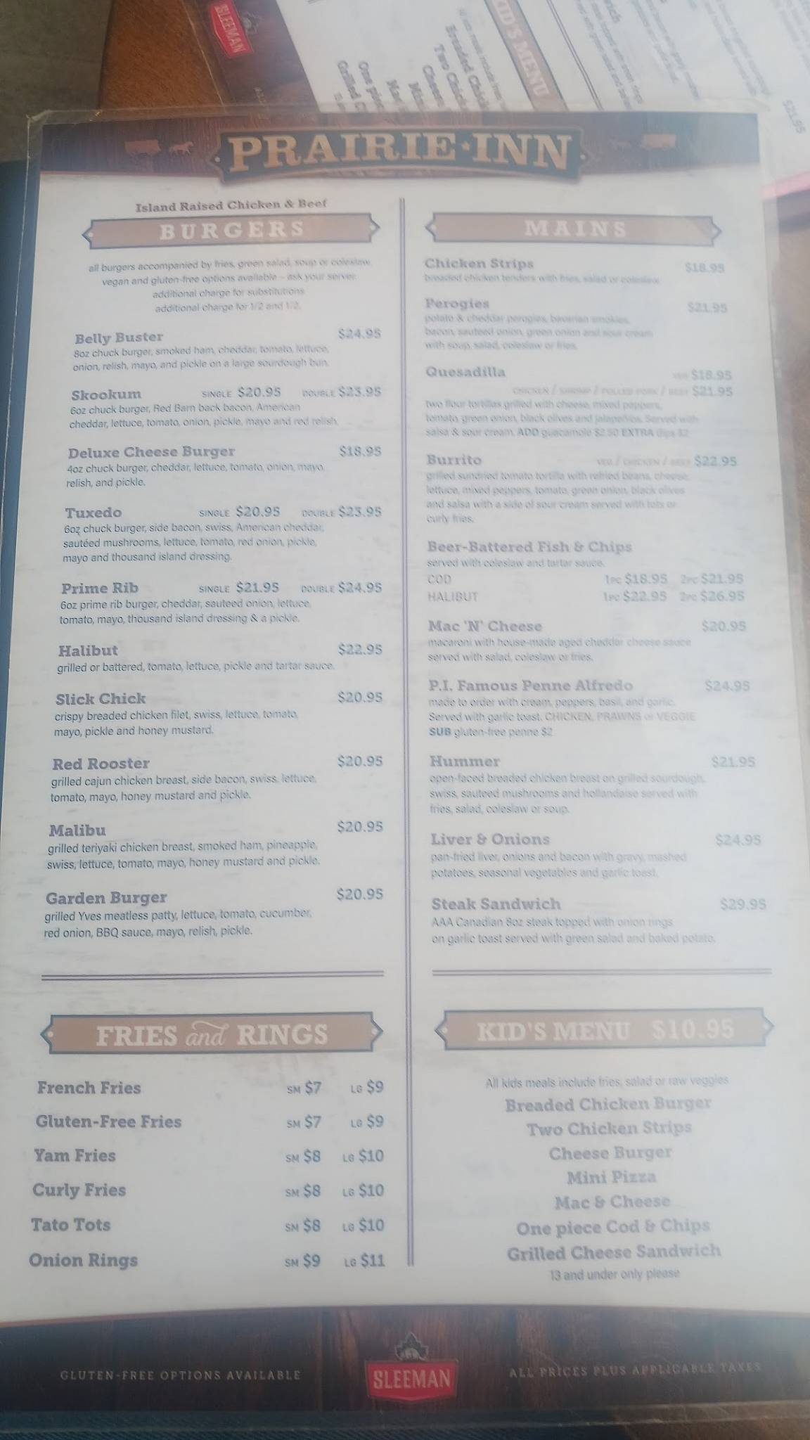 Menu at Prairie Inn Neighbourhood Pub, Saanichton
