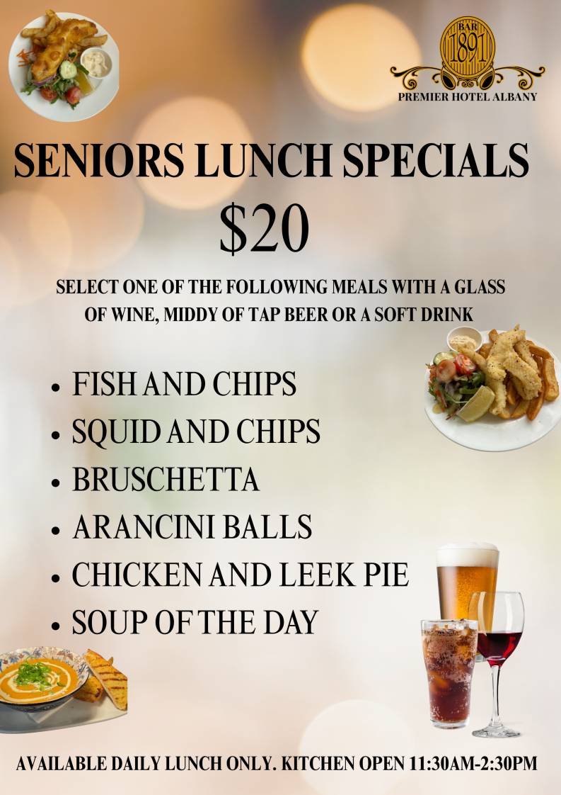 Menu at Premier Hotel Albany restaurant, Albany