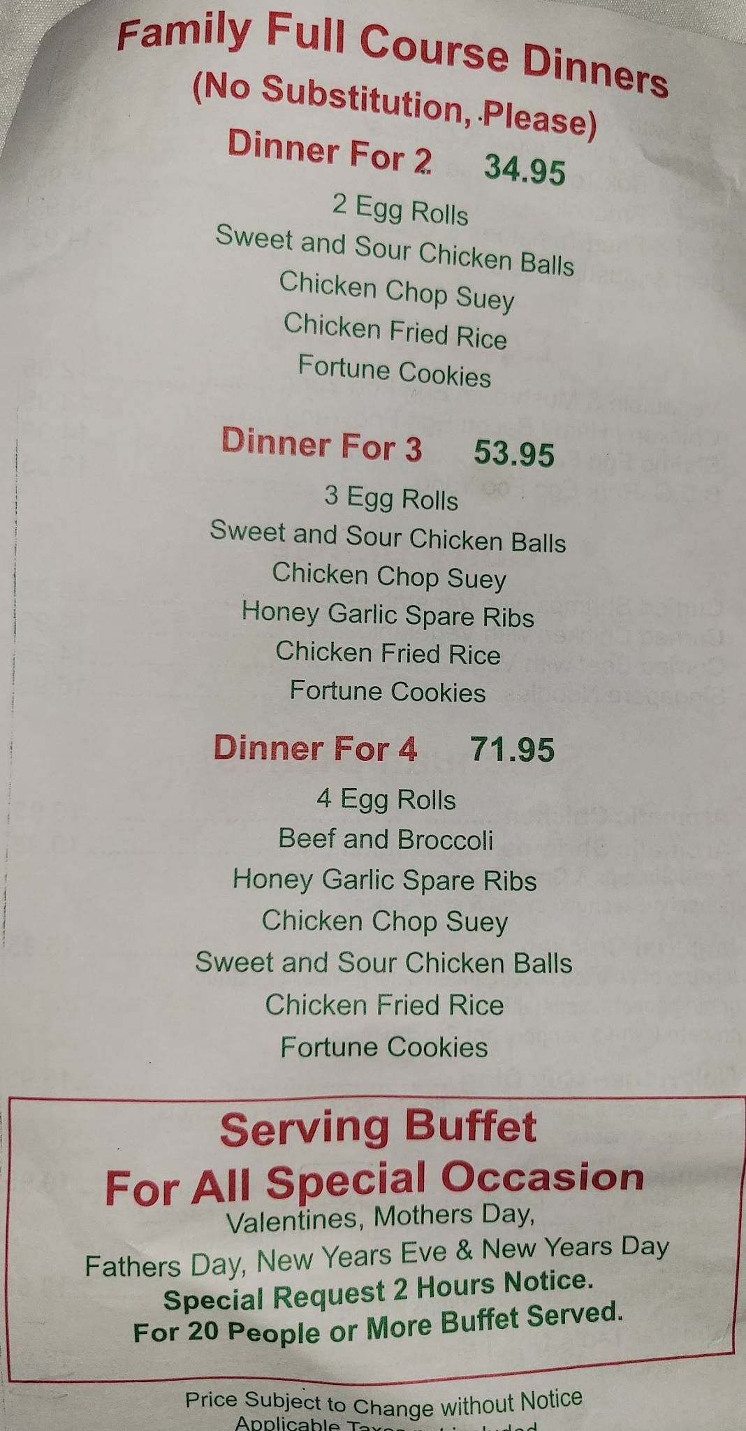 Menu at Wok House restaurant, Prescott