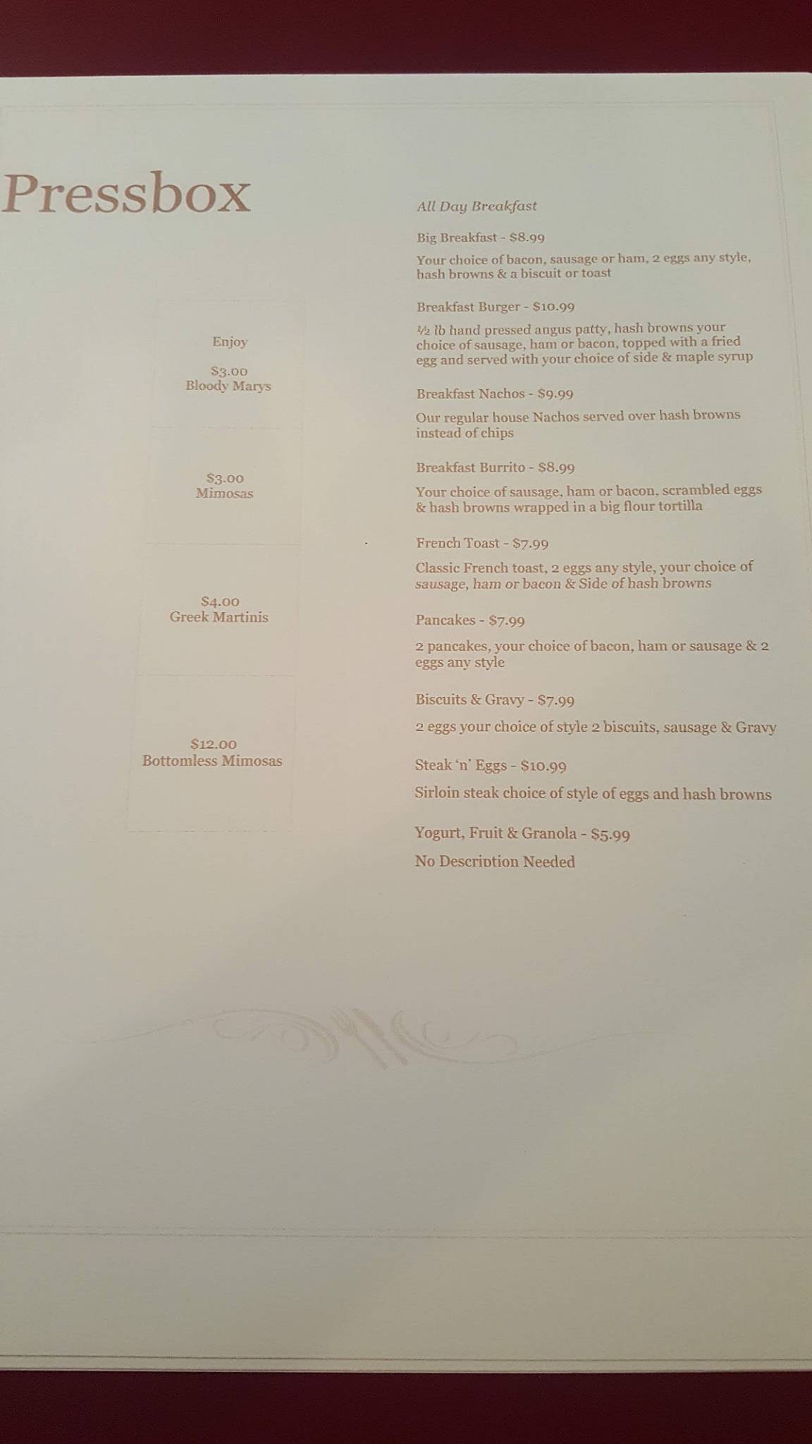 Menu at Pressbox Sports Bar, Twin Falls, Kimberly Rd