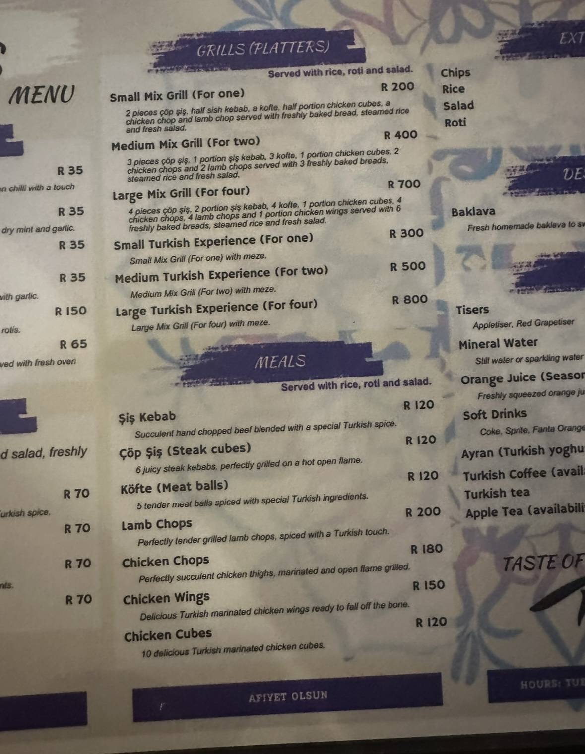 Menu at The Turkish Table restaurant, Pretoria, Graham road