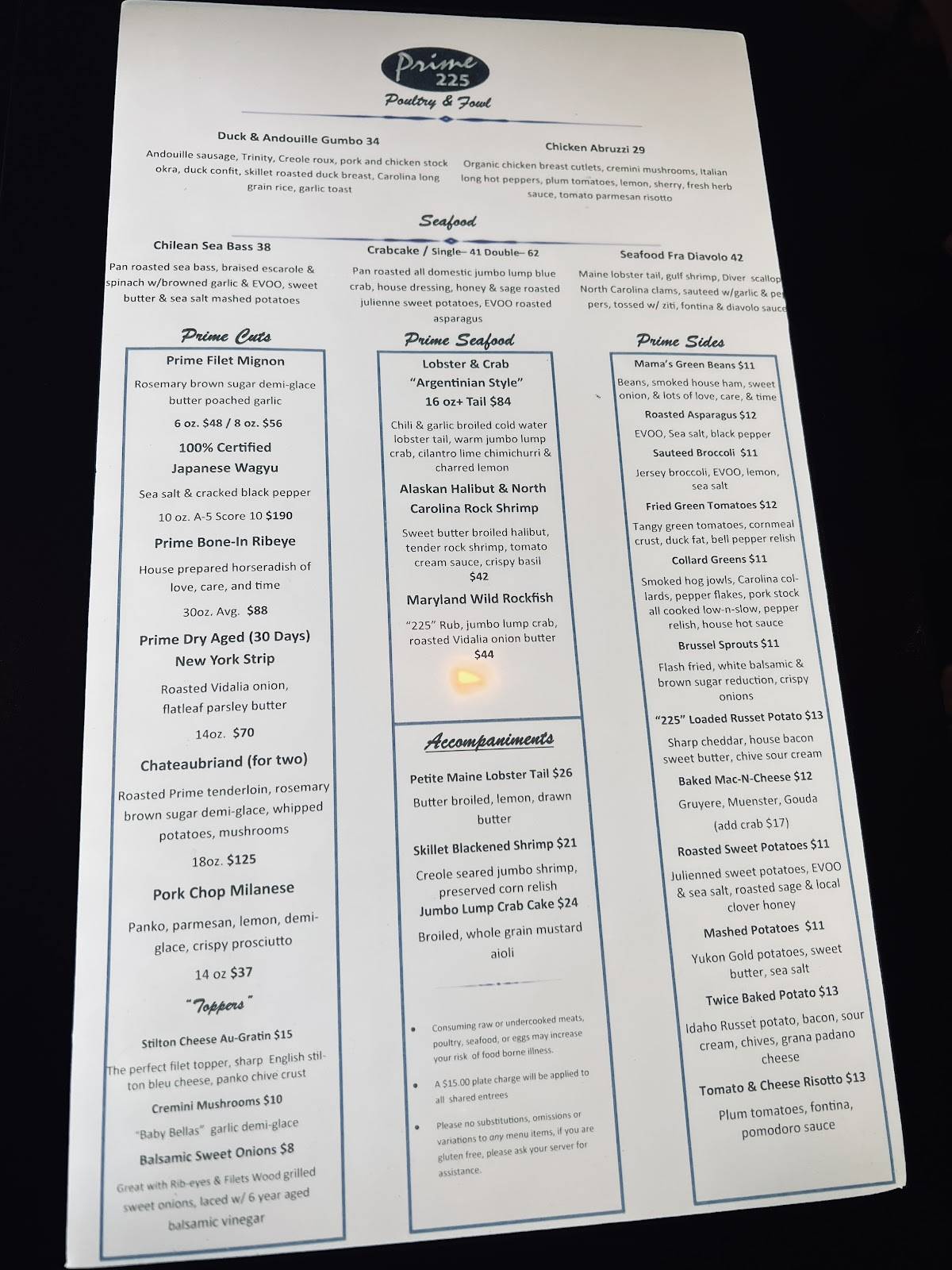 Menu at Prime 225 pub & bar, Chesapeake City