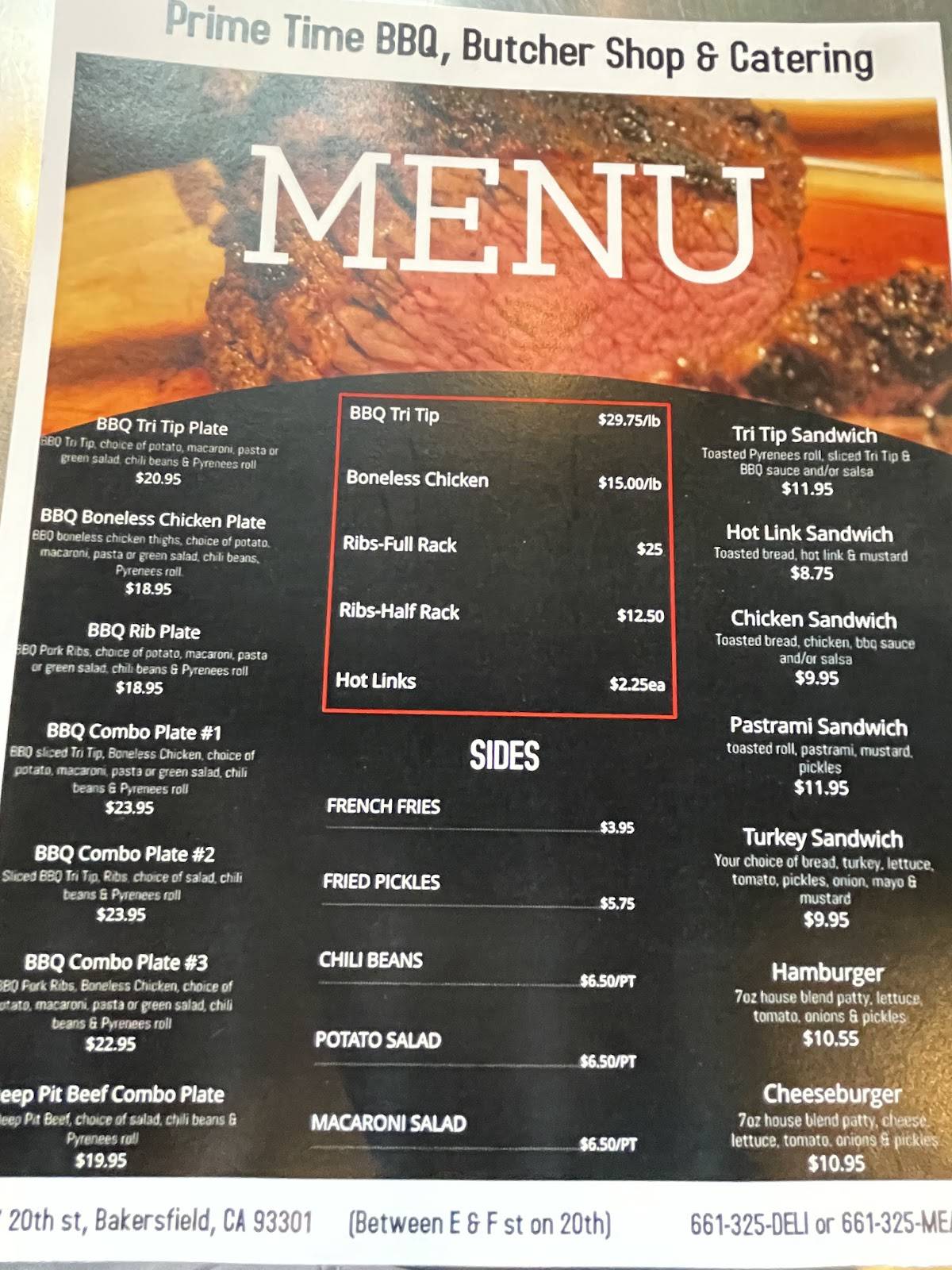 Menu at Prime Time BBQ, Butcher Shop, and Catering, Bakersfield