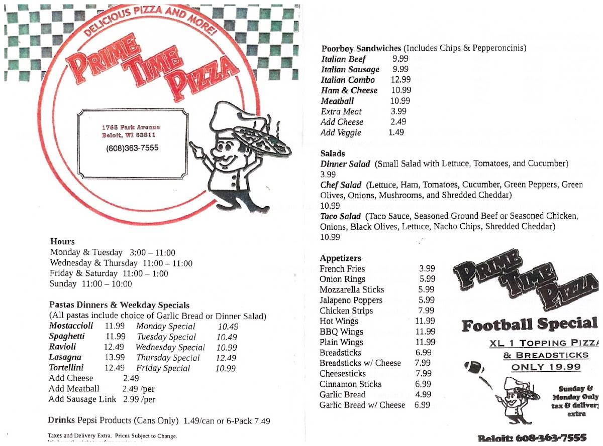 Menu at Prime Time Pizza pizzeria, Beloit