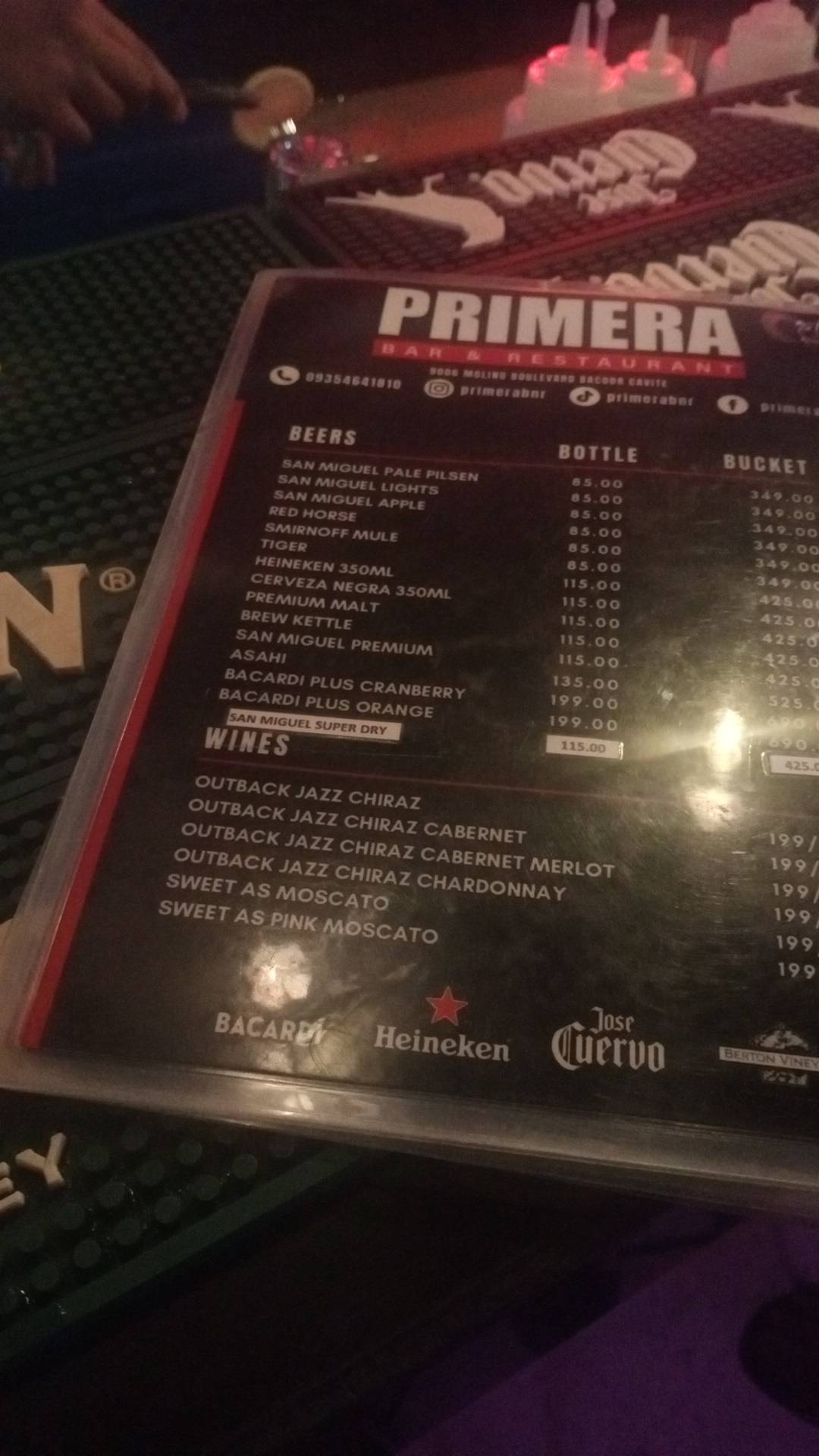 Menu at Primera Bar and Restaurant, Bacoor